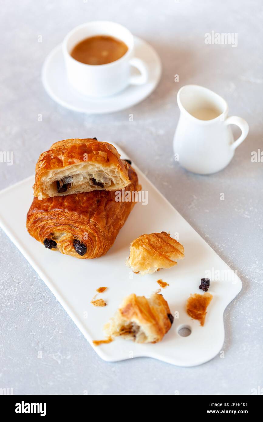 pain au chocolat, french sweet pastry speciality, side view Stock Photo ...