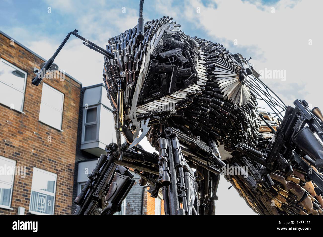 A giant bee, made from knives and guns which were seized or handed over ...