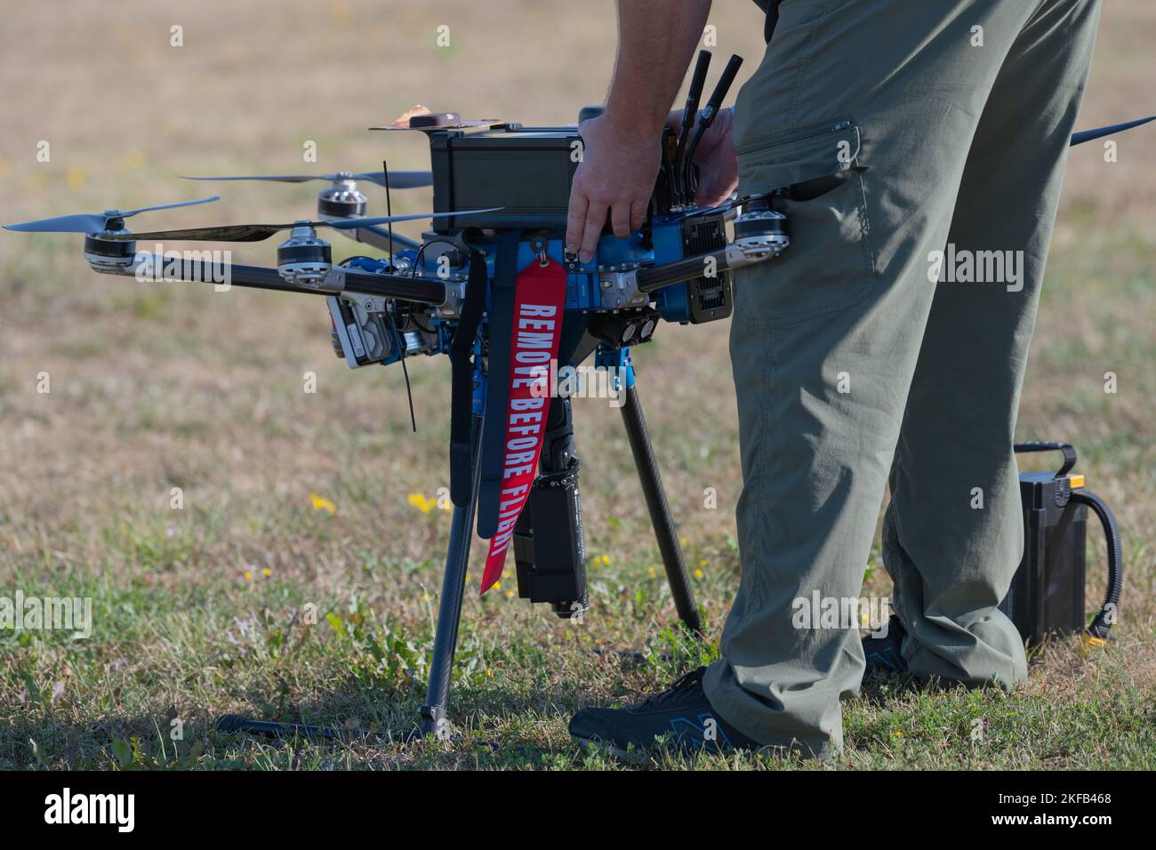Tim Davis, drone safety pilot, prepares a counter-small unmanned aerial ...