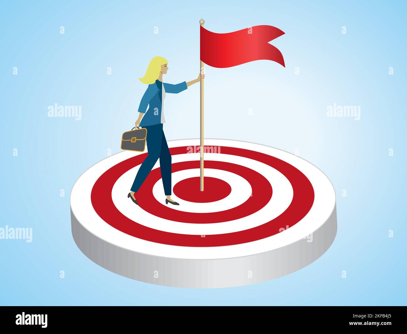 Woman putting down flag in bulls eye, on dartboard. Vector illustration ...