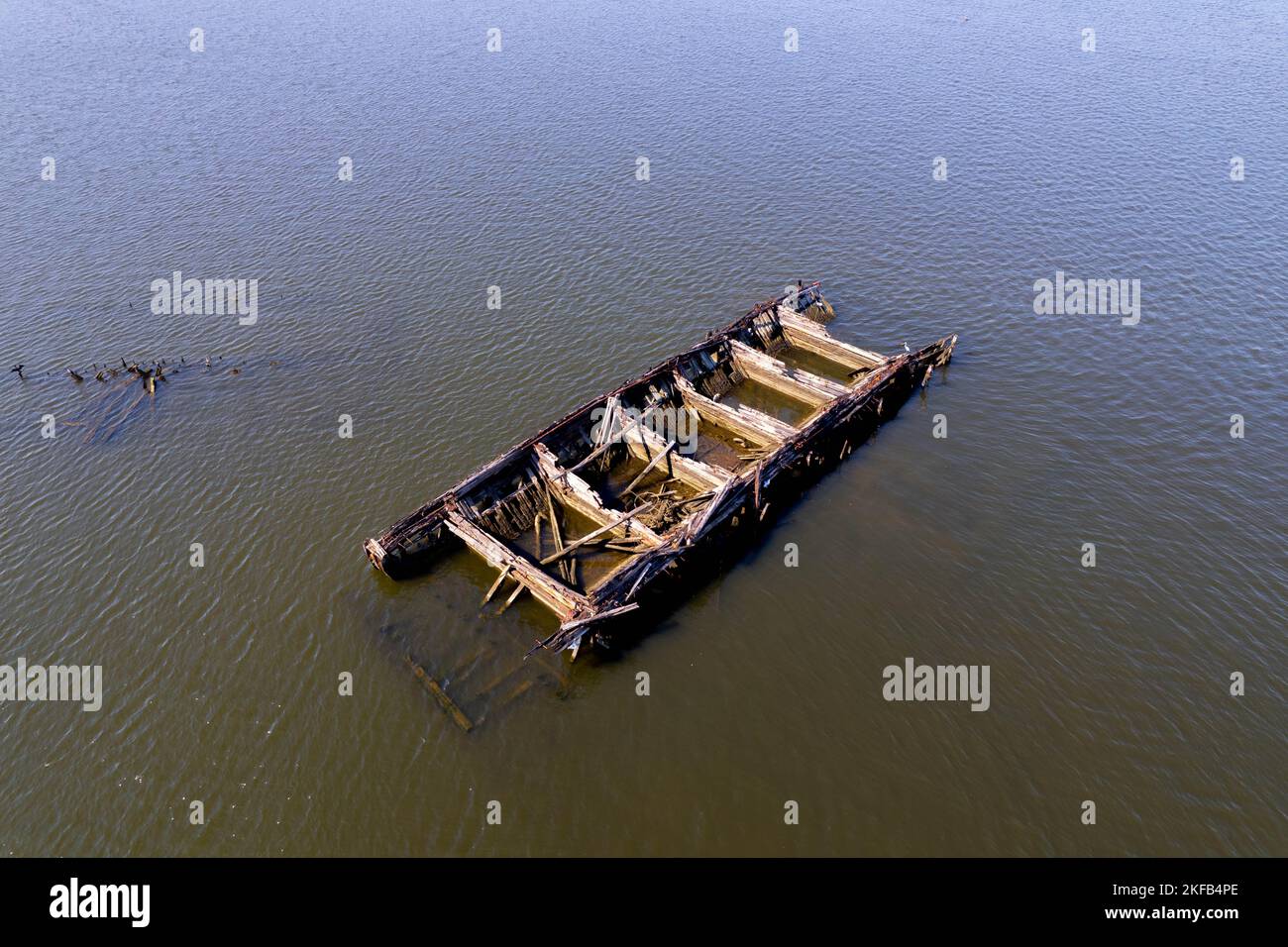 The view of the sunken ship from a drone. Providence river, Green ...