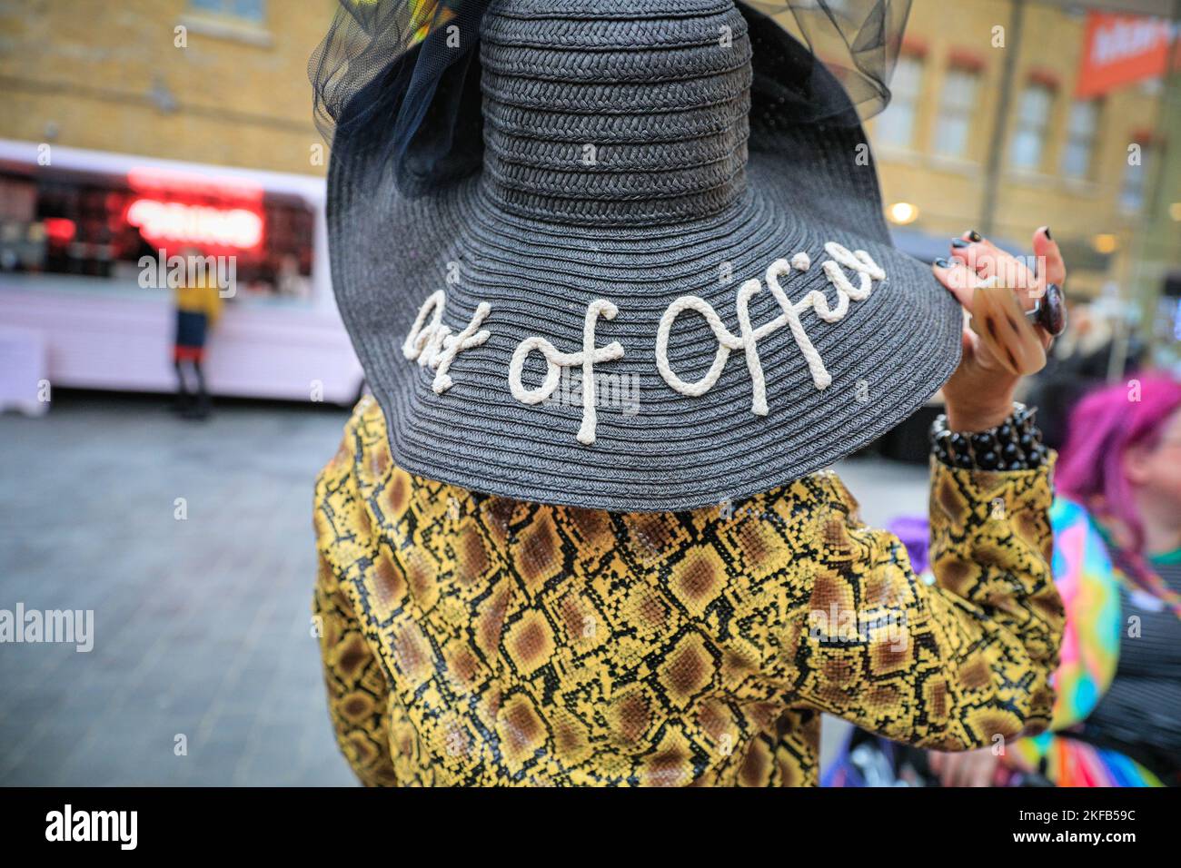 London, UK. 17th Nov, 2022. The wearer of this hat is clearly now "out ...