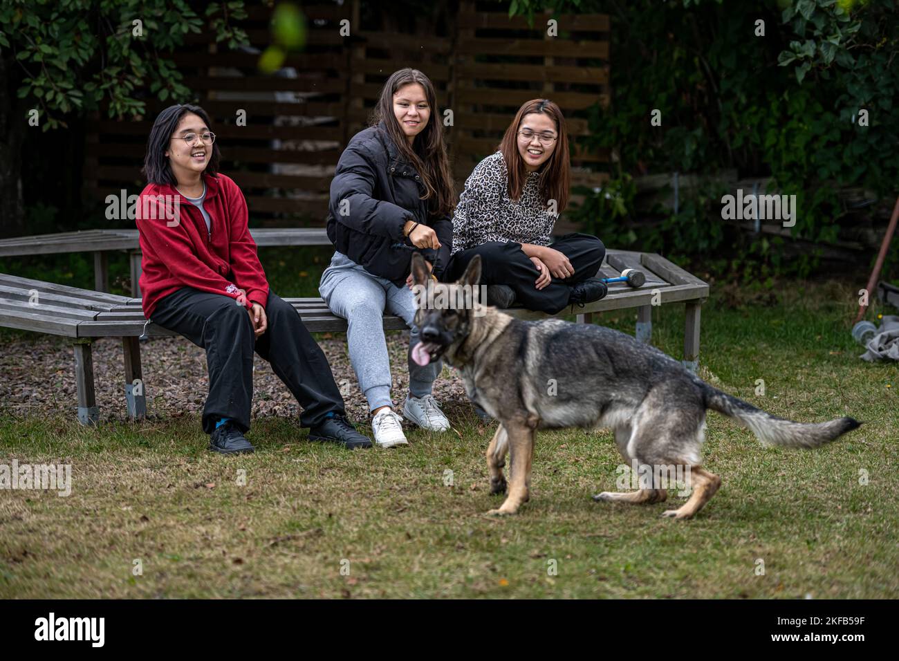 Malmo, Sweden - September 20, 2022: Three happy girls train a young ...