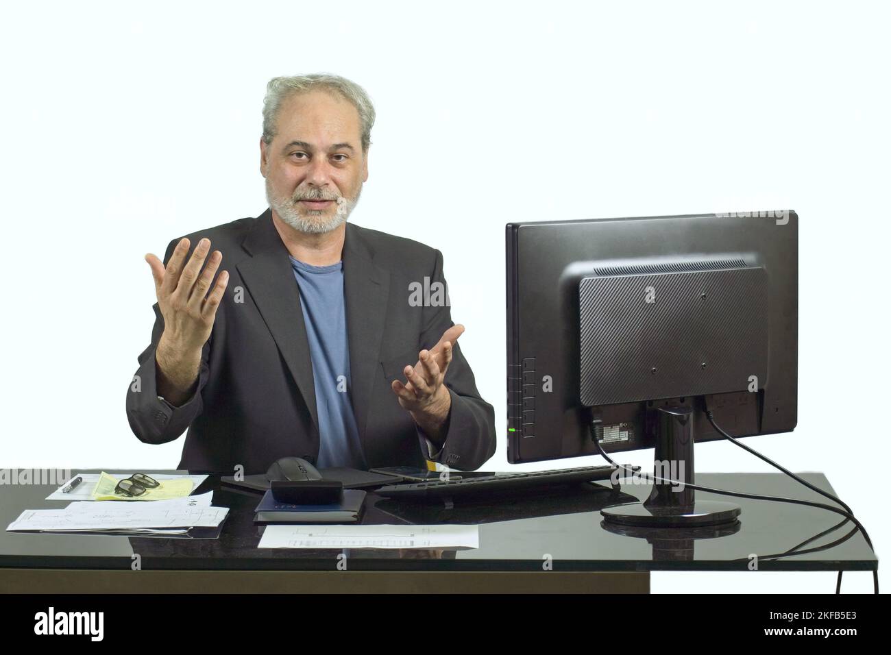 executive businessman working with a computer on a desktop on a white ...
