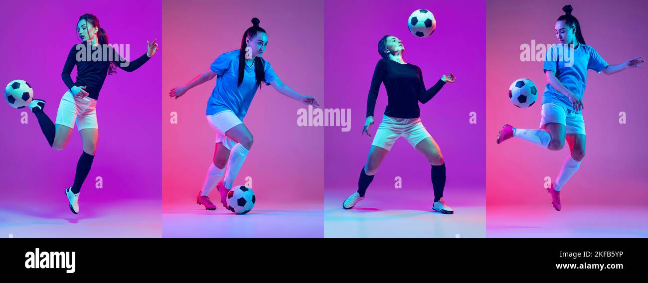 In action. Young female professional soccer players in motion with ball ...