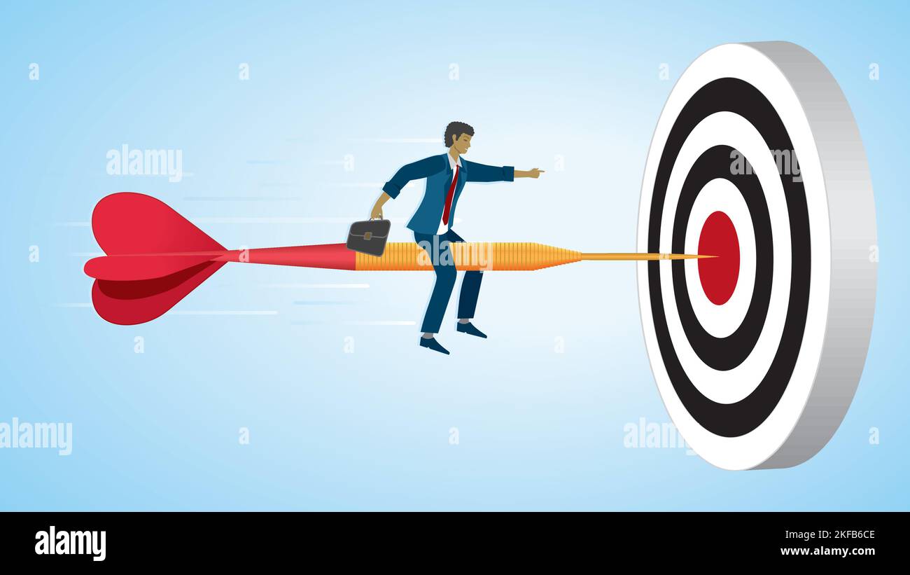 Man flying on arrow to bull´s eye on dart board. Dimension 16:9. Vector ...