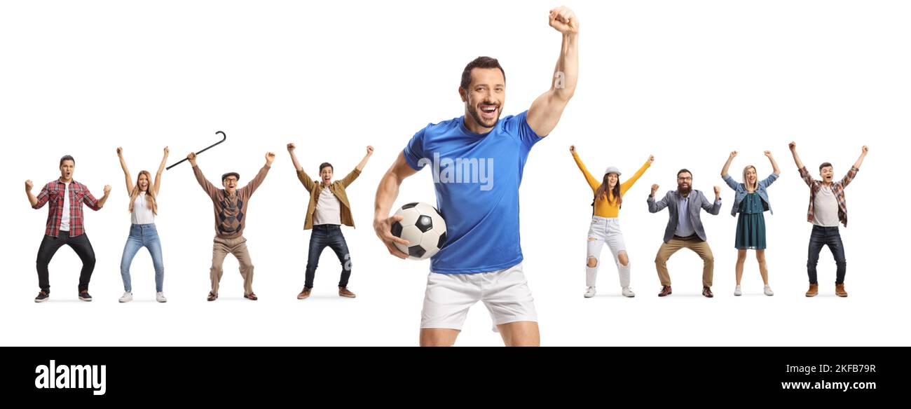 Football player with a ball and group of people cheering in the back ...