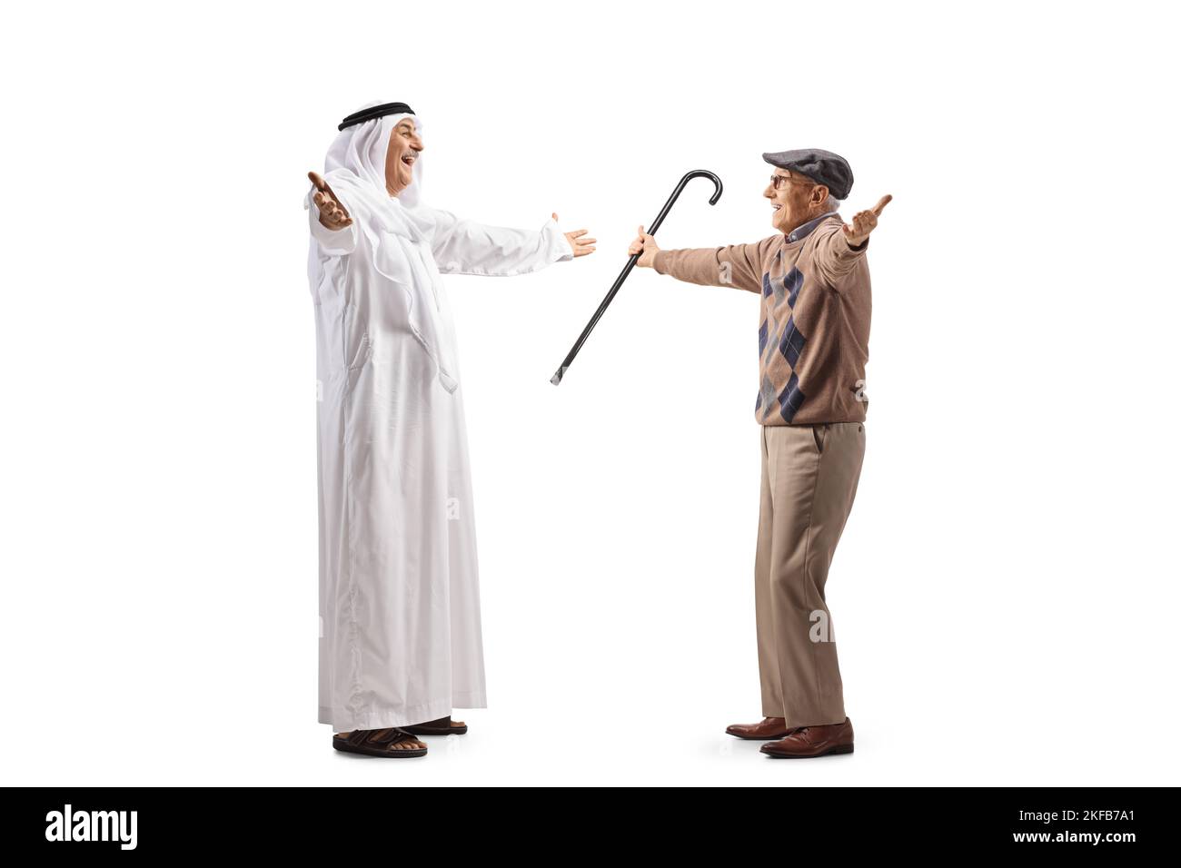 Full length profile shot of a mature arab man in a robe meeting an ...