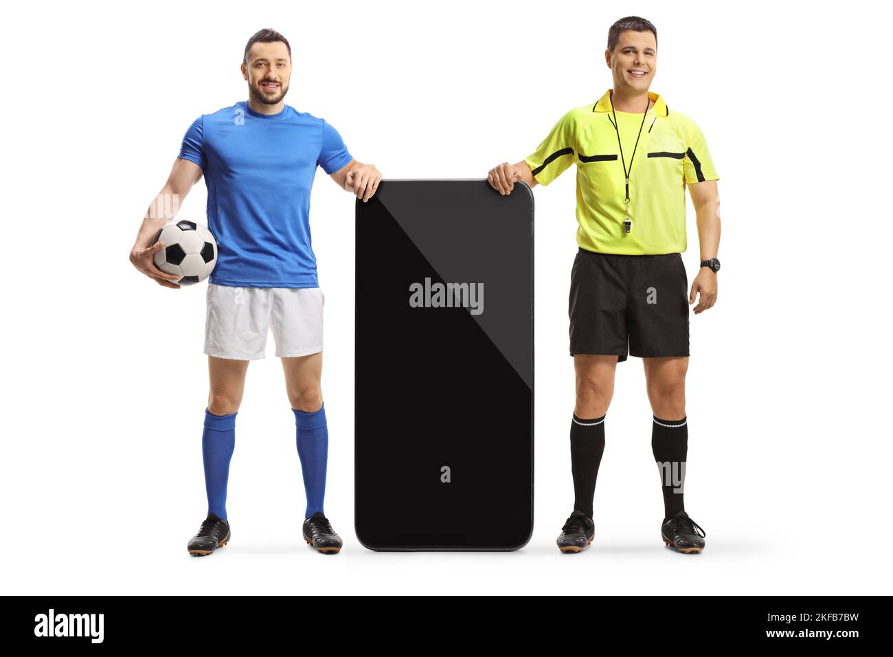 Full length portrait of a football player and a referee standing next ...