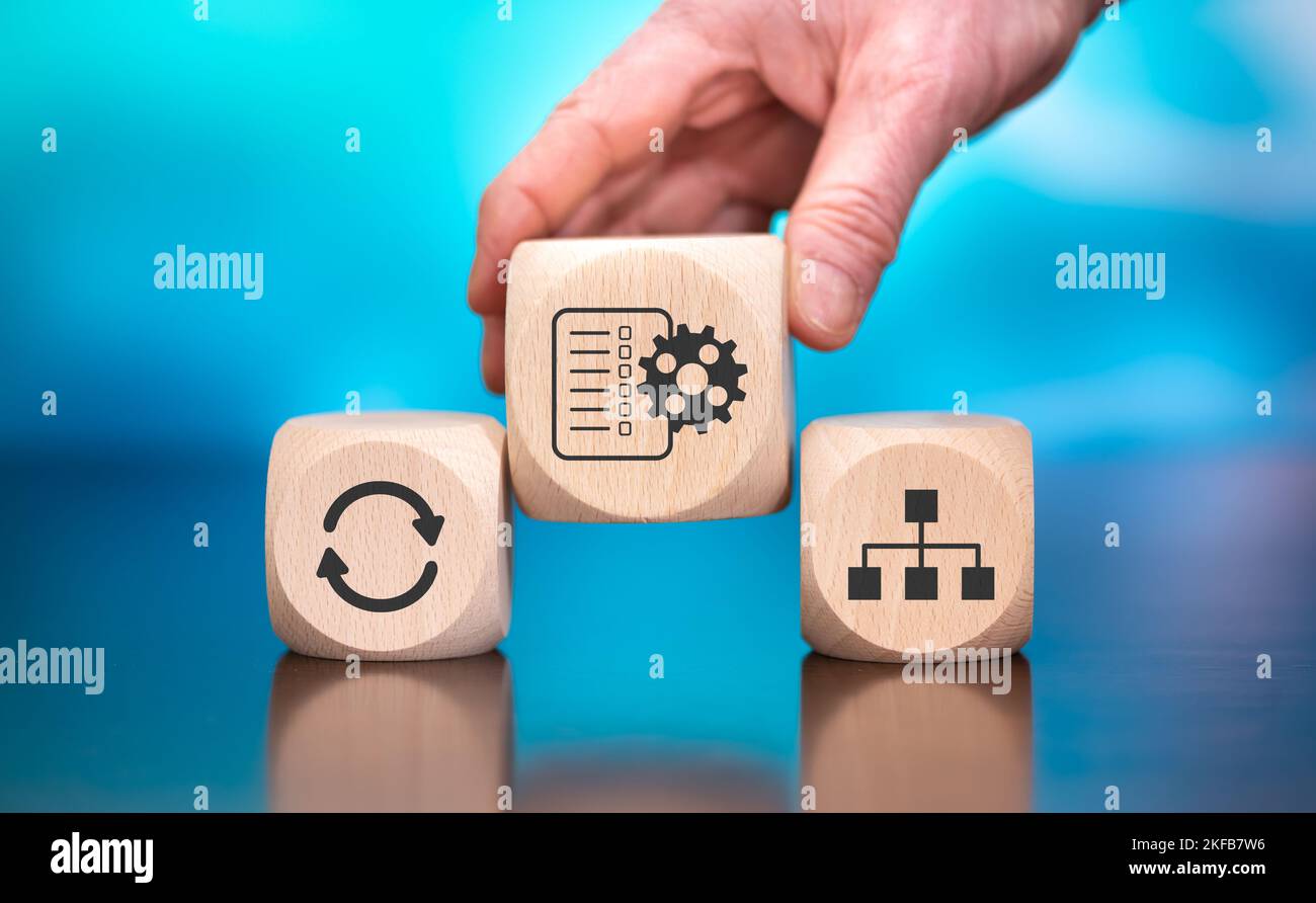 Wooden blocks with symbol of workflow concept on blue background Stock ...