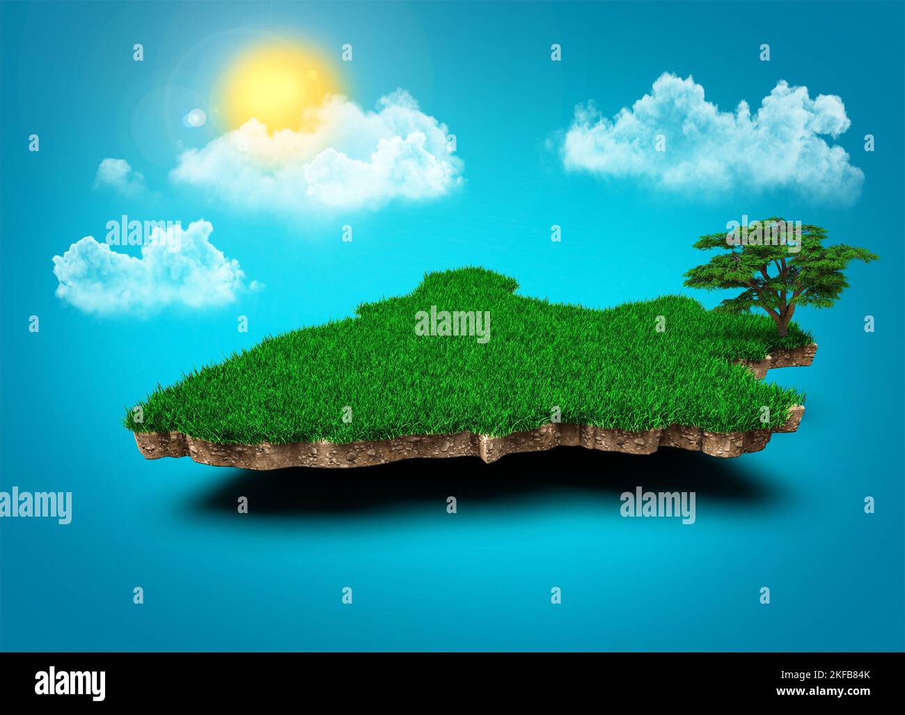 The Burundi Map, Realistic 3D Map of Clouds Tree sun rays on bright ...