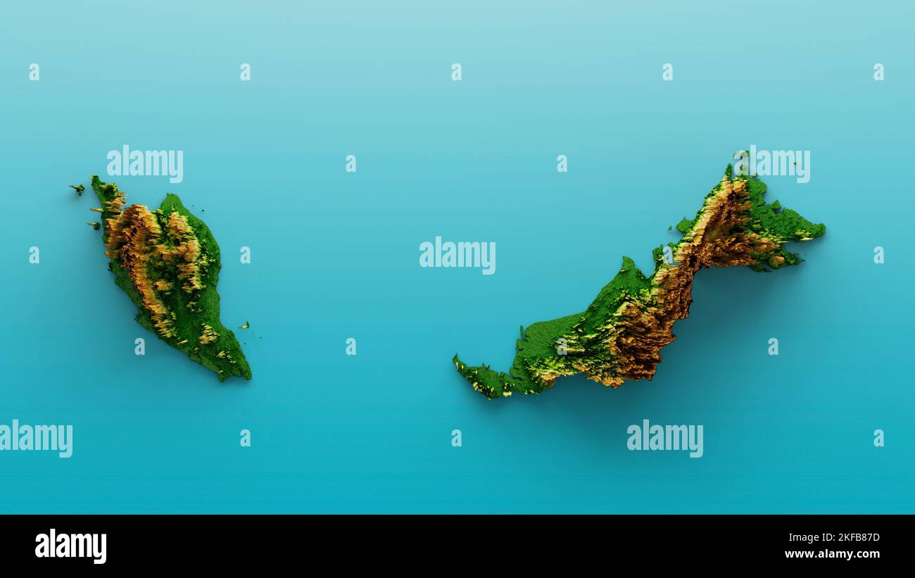 A 3d illustration of Malaysia Map Shaded relief Color Height map on the ...