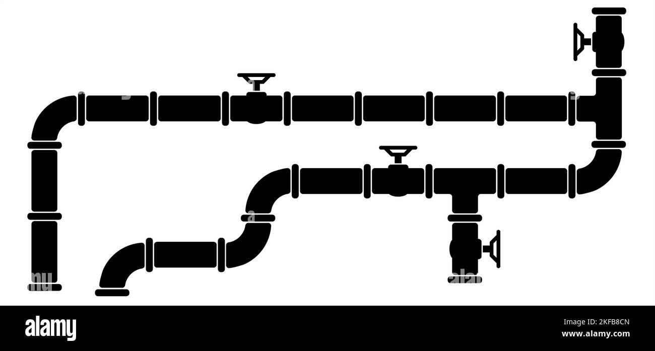 Water, oil or gas pipeline with fittings and valves. Pipeline and black ...