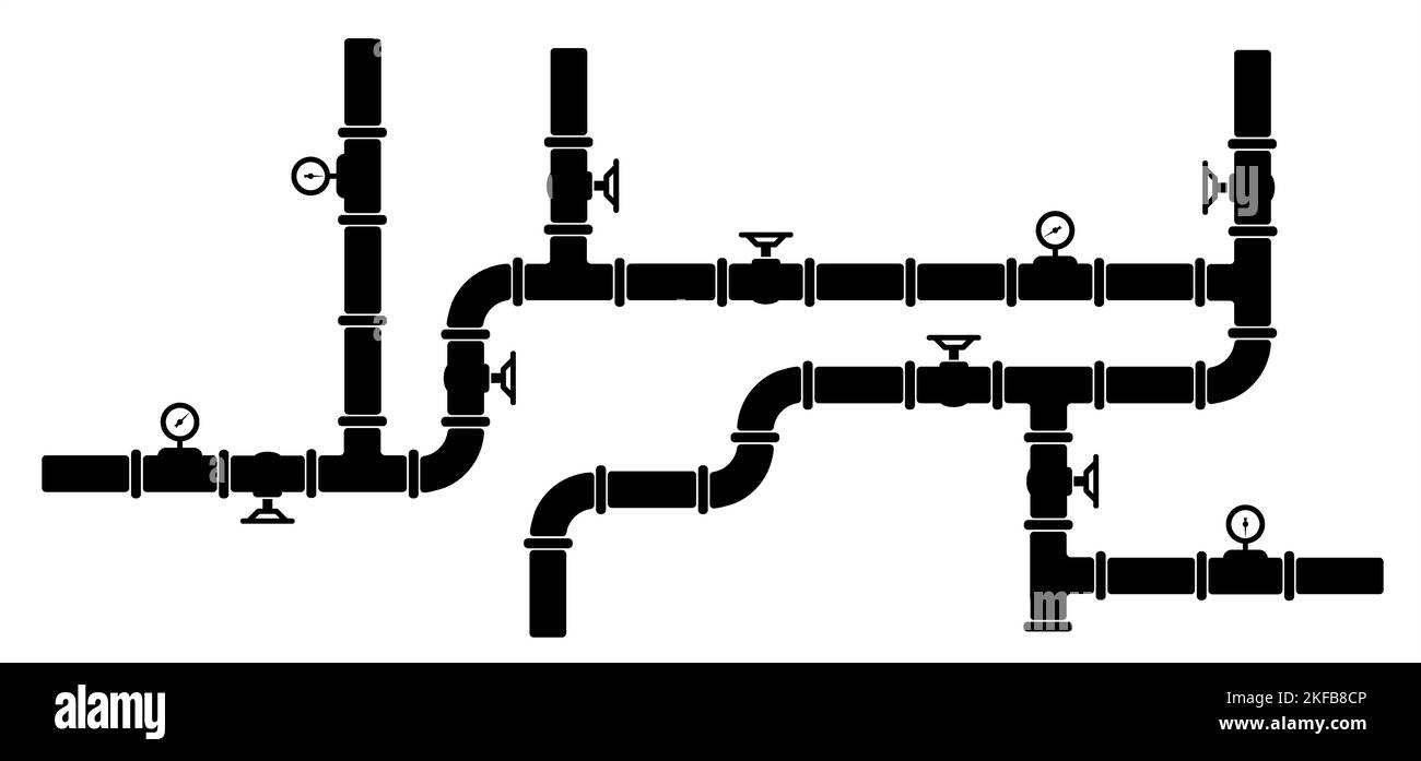Water, oil or gas pipeline with fittings and valves. Pipeline and black ...