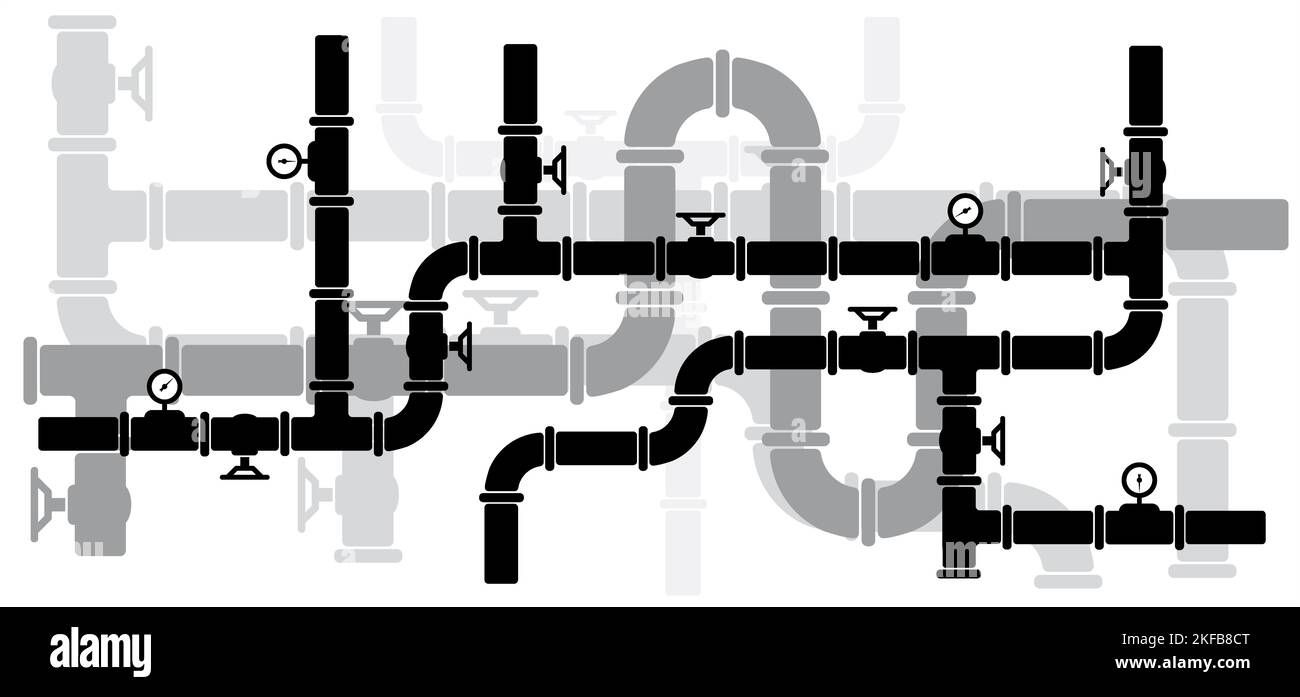 Water, oil or gas pipeline with fittings and valves. Pipeline and black ...