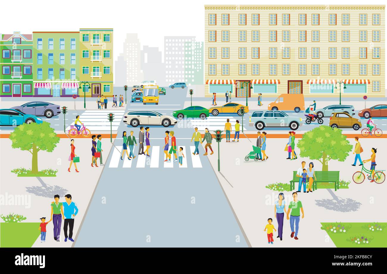 City silhouette with pedestrians in residential area and road traffic ...