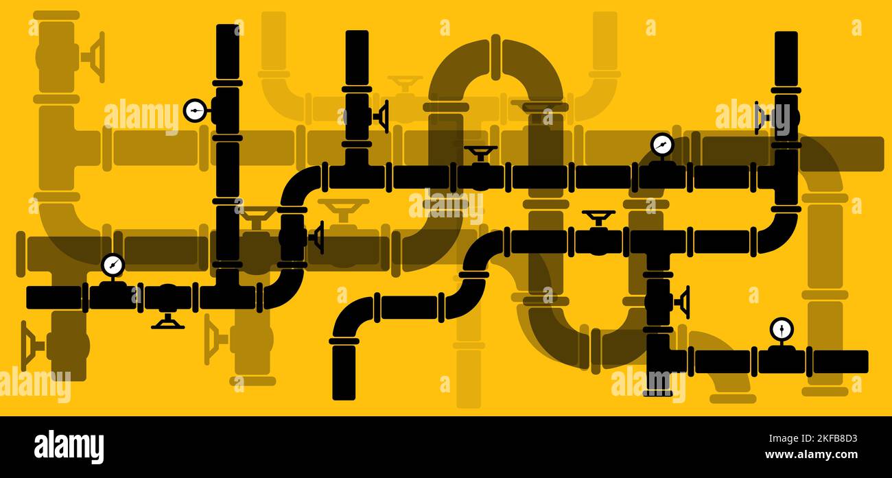 Water, oil or gas pipeline with fittings and valves. Pipeline and black ...