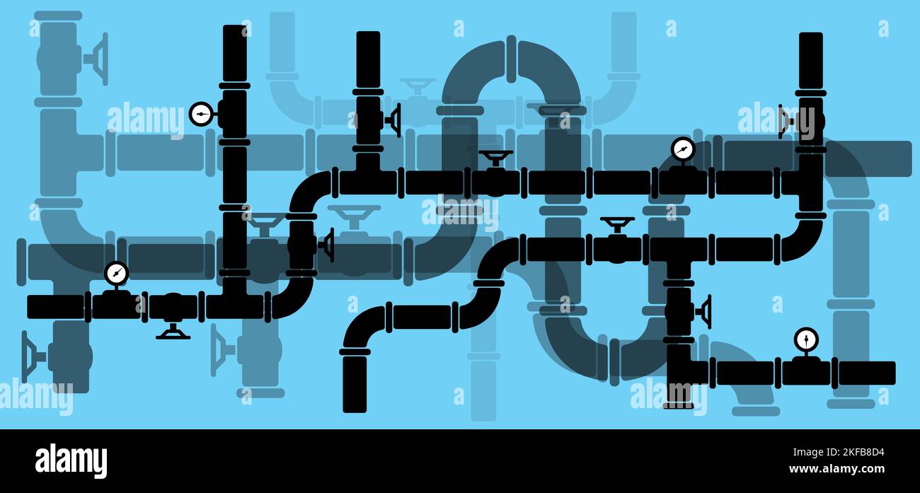 Water, oil or gas pipeline with fittings and valves. Pipeline and black ...