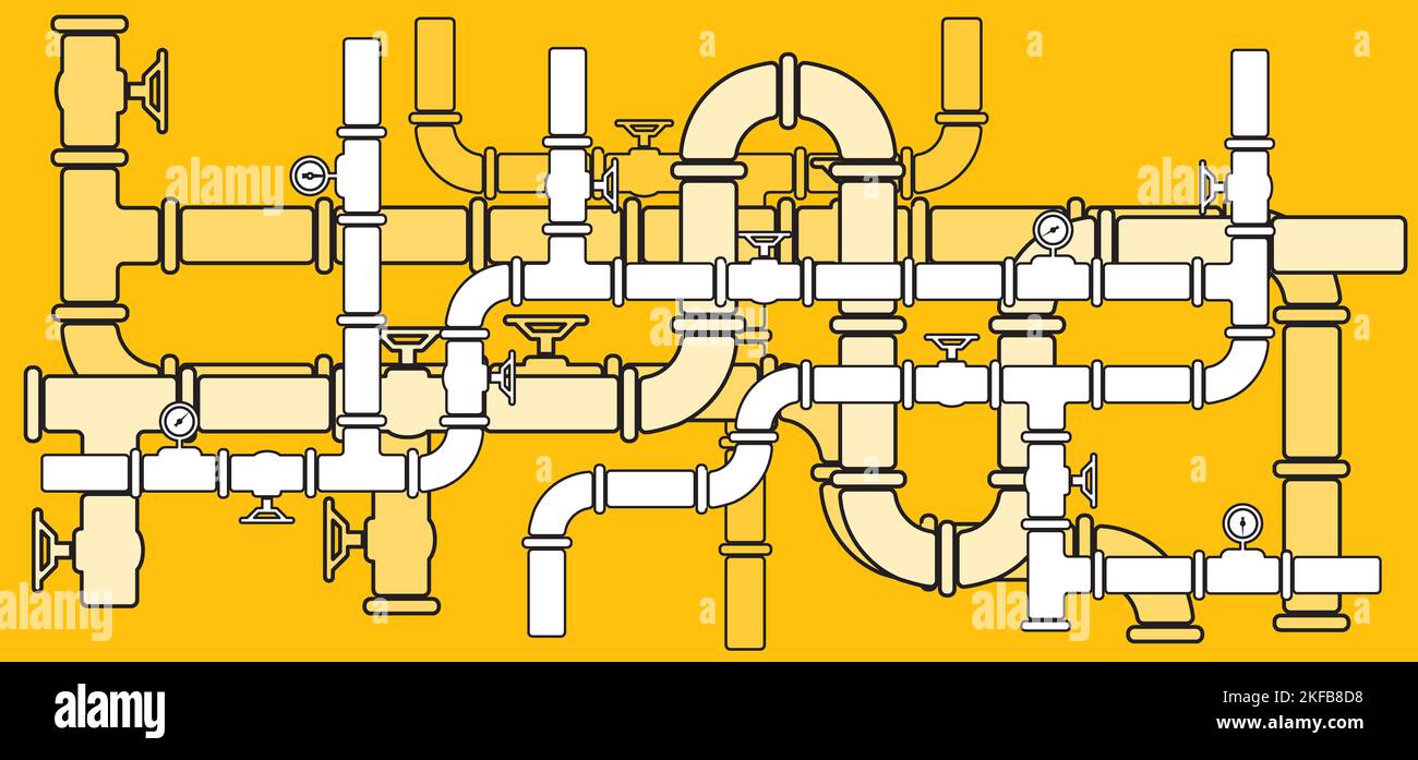 Water, oil or gas pipeline with fittings and valves. Pipeline and black ...