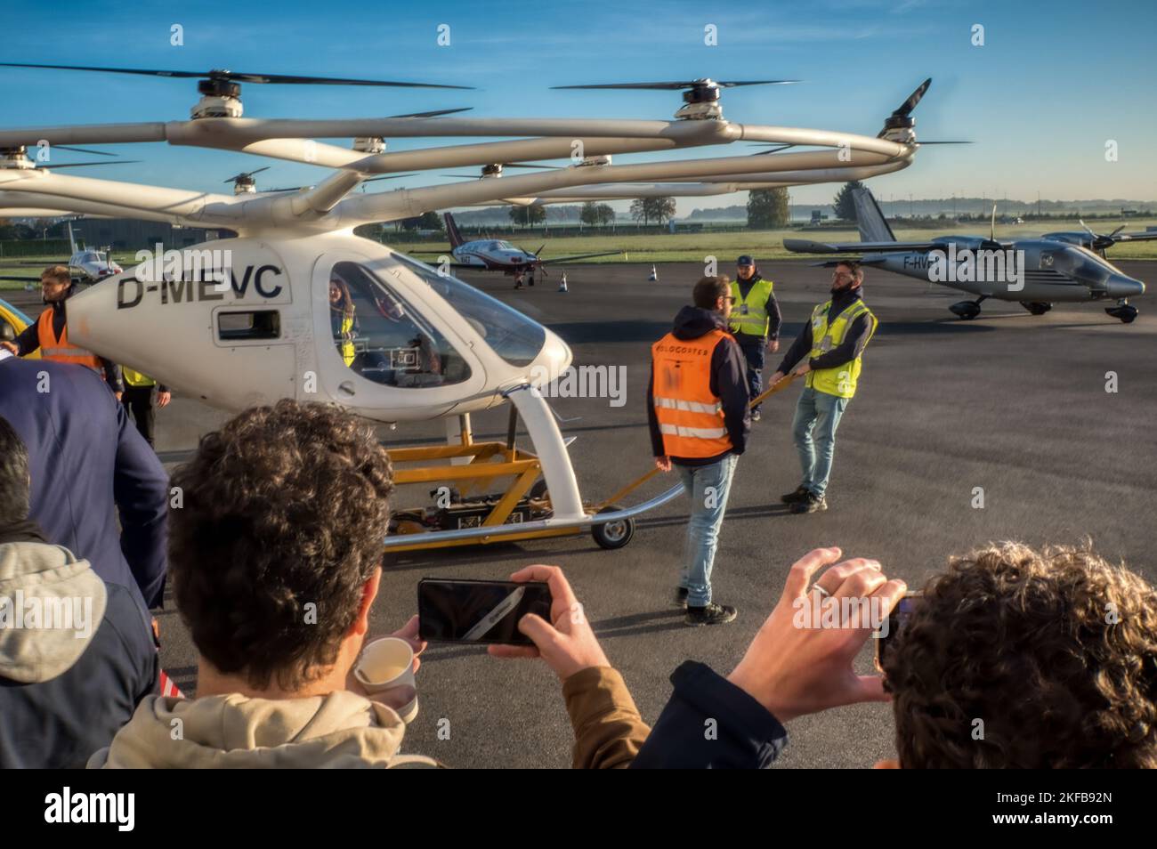 Flying taxi eVTOL. Volocopter VoloCity at a vertiport at Pontoise ...
