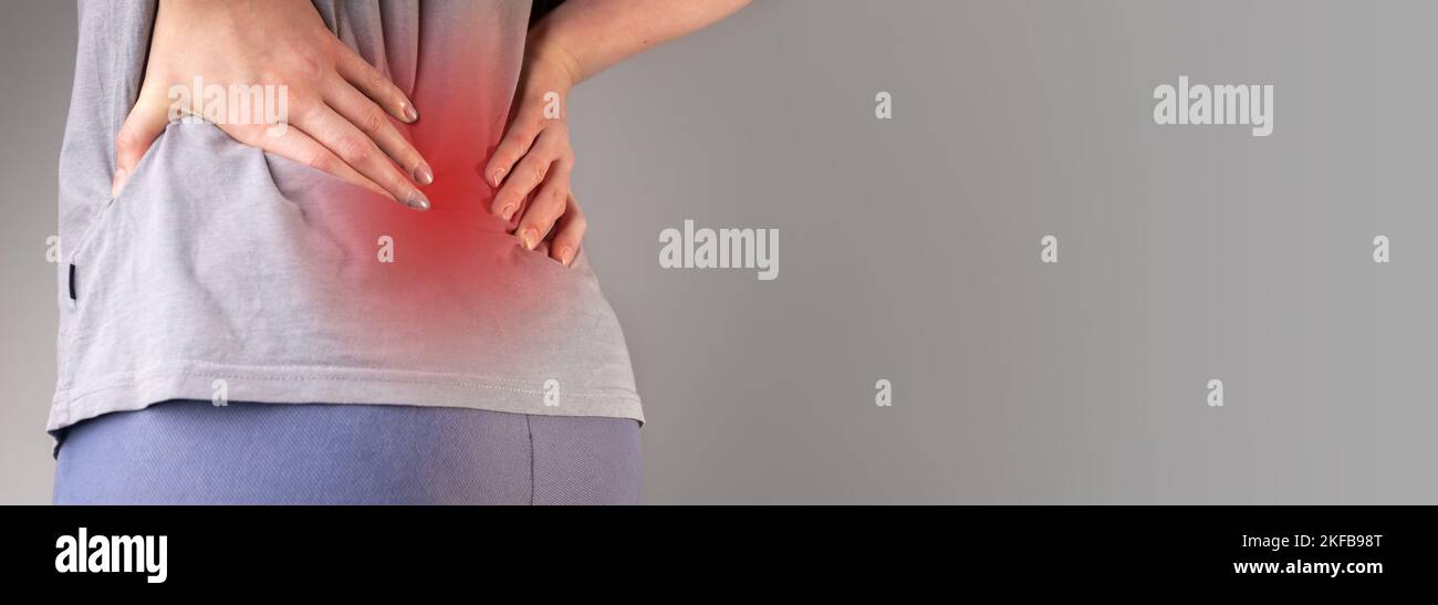 Lumbar lower back ache, pain. Spine problem, backache on banner, ad ...
