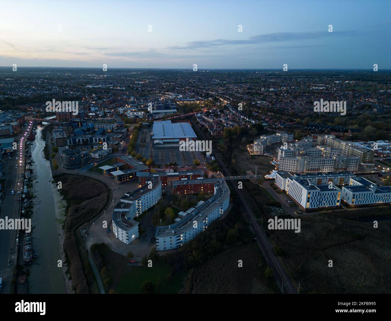 High angle of Colchester Hythe with buildings and small river in the ...