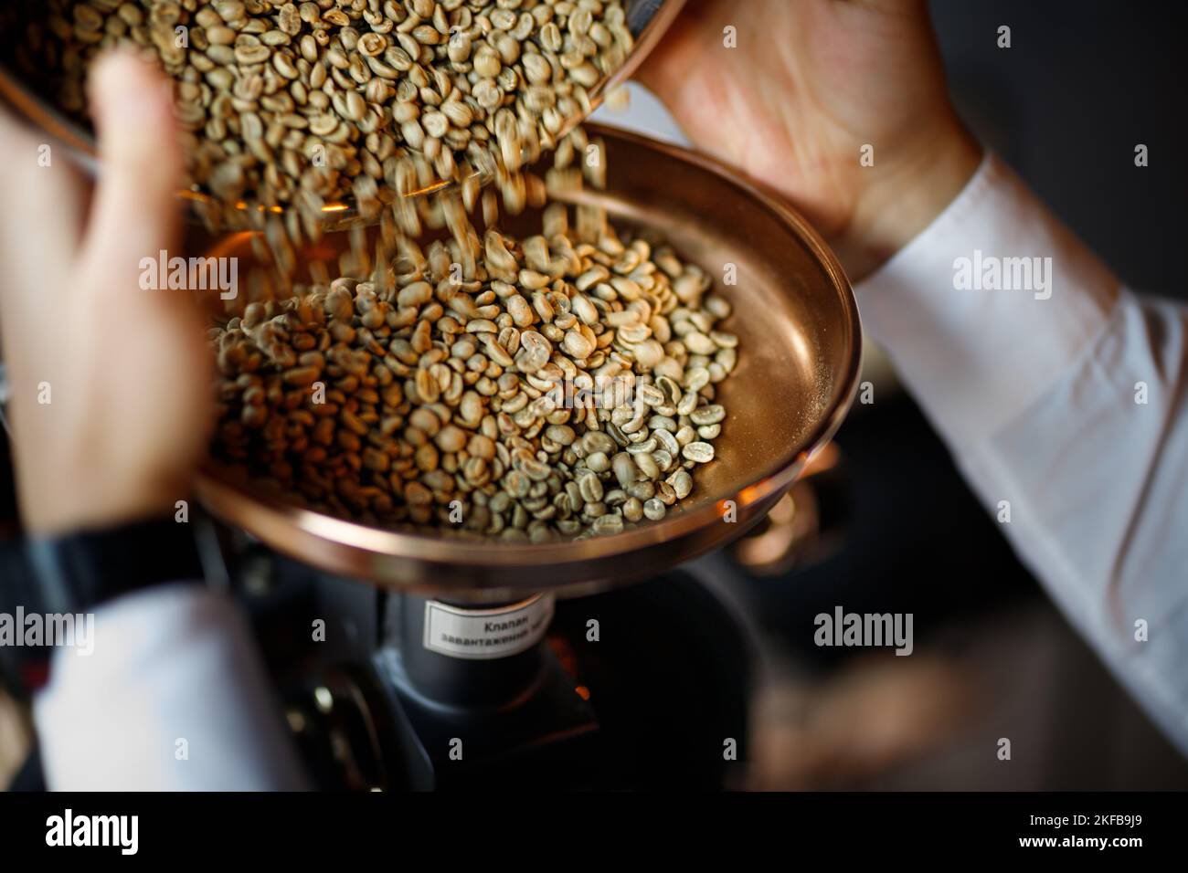 Raw coffee beans are poured into the coffee machine for roasting Stock ...