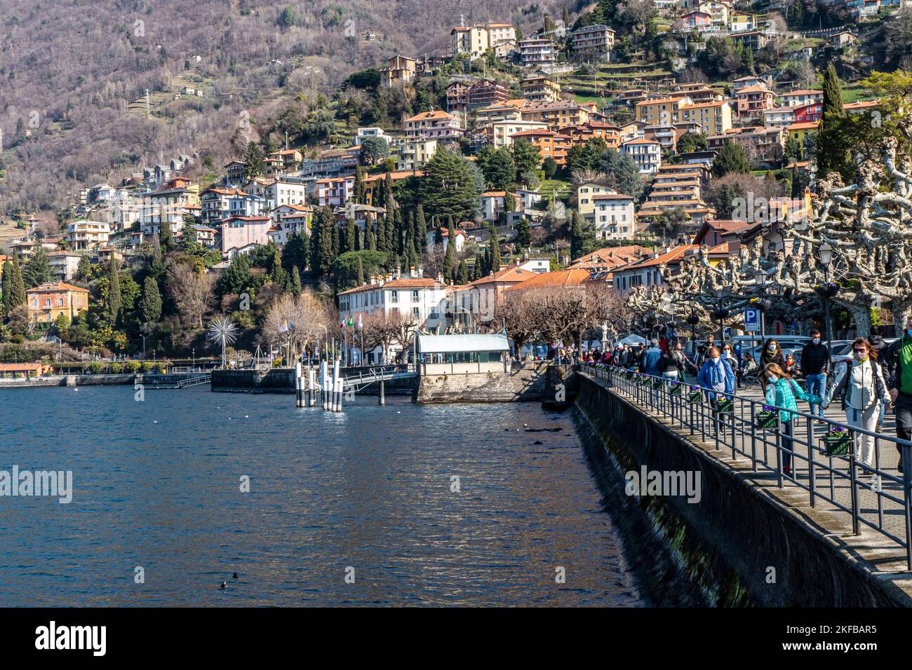 Bellano, Italy - 03-02-2021: The promenade along Lake Como in Bellano ...