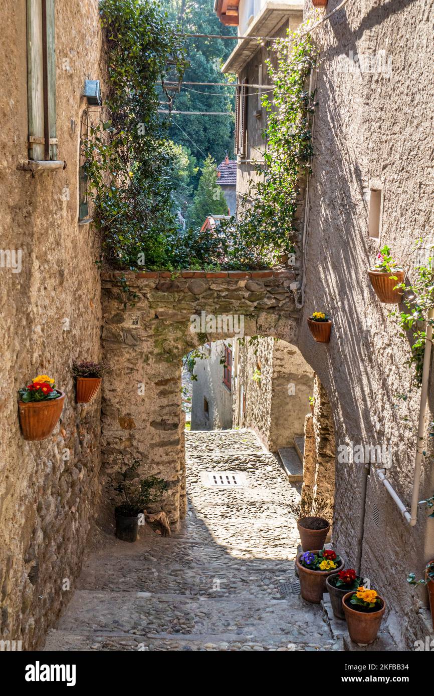 The interior of Corenno Plinio with narrow stone streets, arches and ...