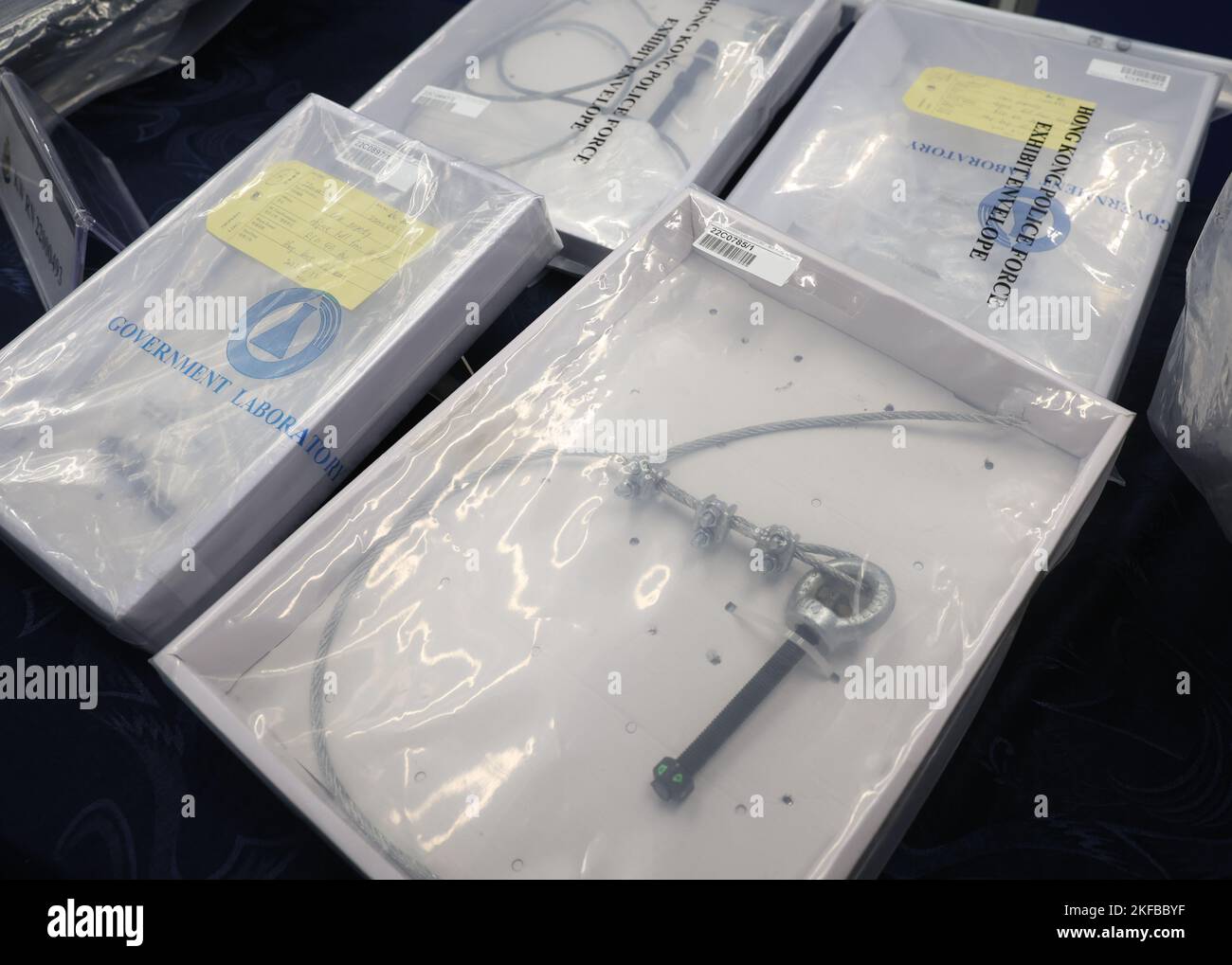 Evidence are displayed during a press conference on the falling screen ...