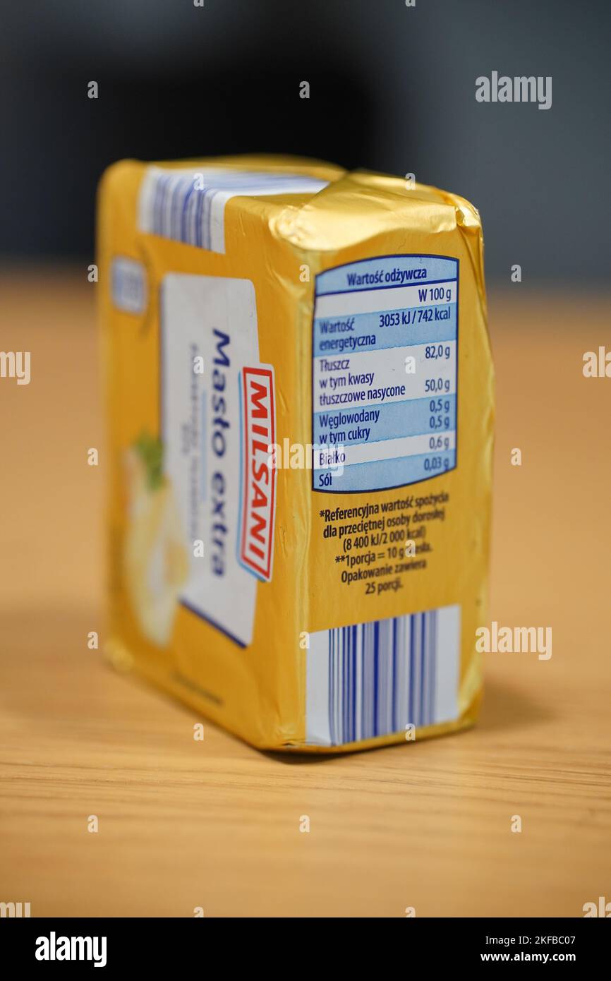 A vertical closeup of Milsani brand butter extra portioned in 250 grams ...