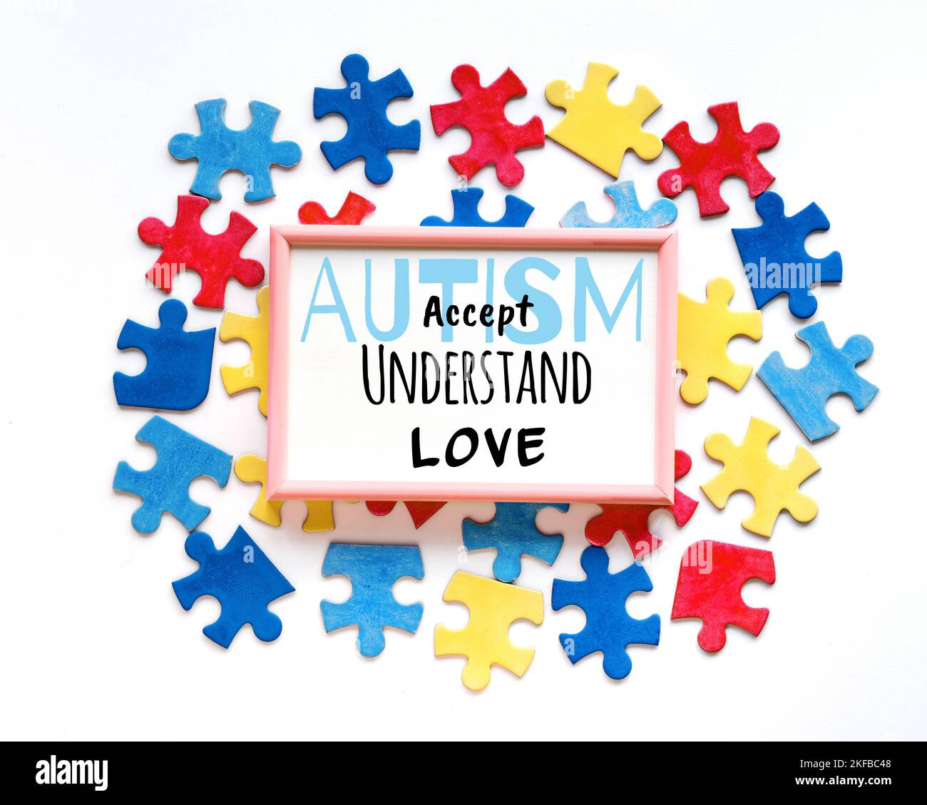 Text World Autism Awareness Month, frame with puzzle pieces. Banner ...