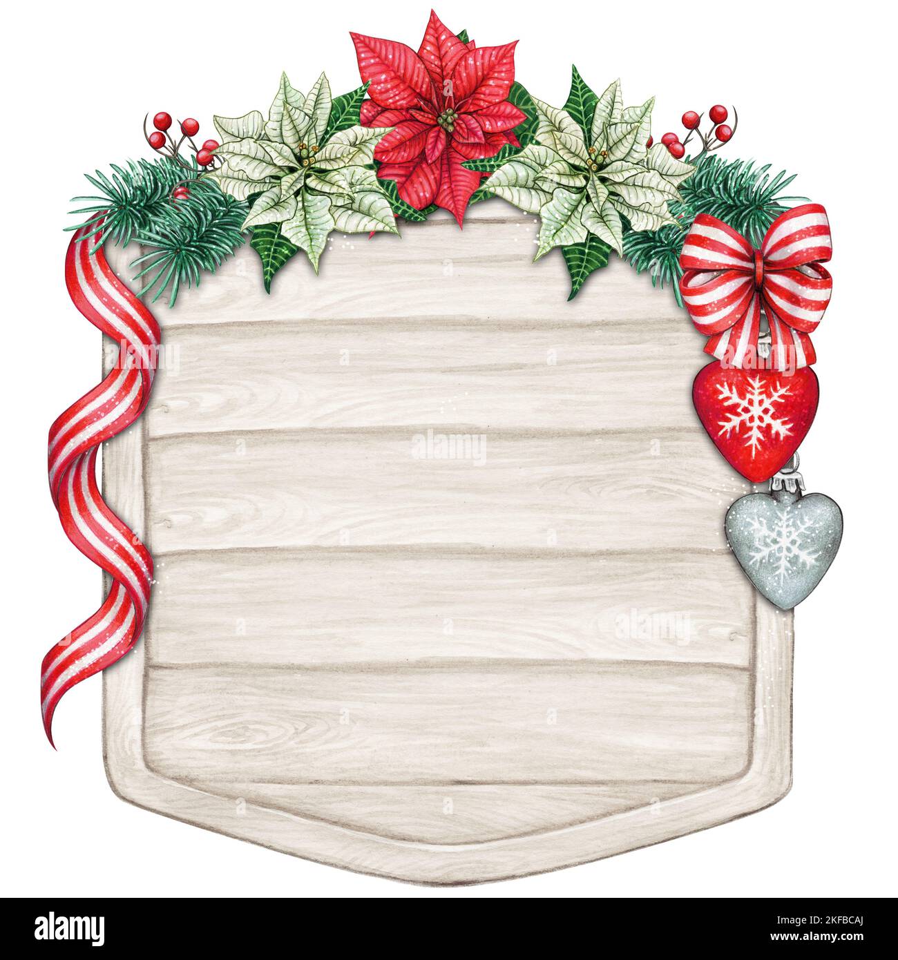 A 3d illustration of a Christmas wooden sign with poinsettia and ...