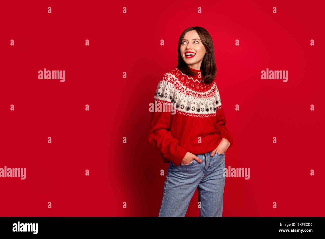 Portrait of attractive cheerful girl put arms pockets toothy smile look ...