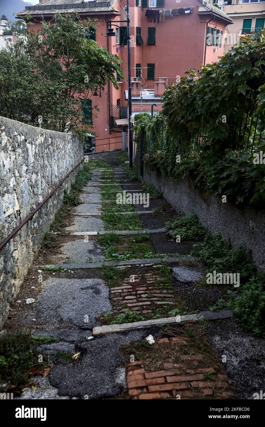 Descending staircase bordered by stone wall Stock Photo - Alamy