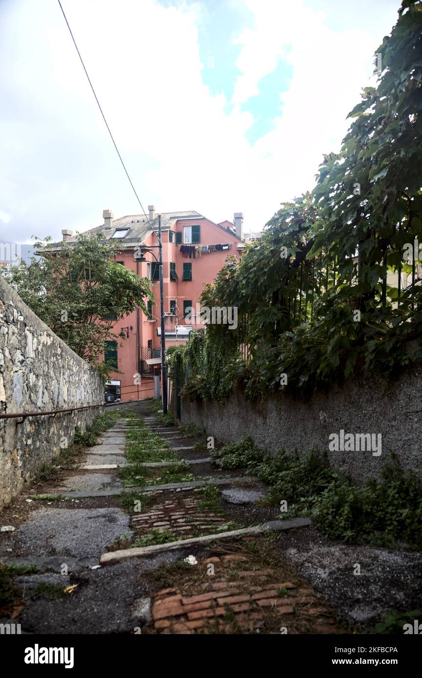 Descending staircase bordered by stone wall Stock Photo - Alamy