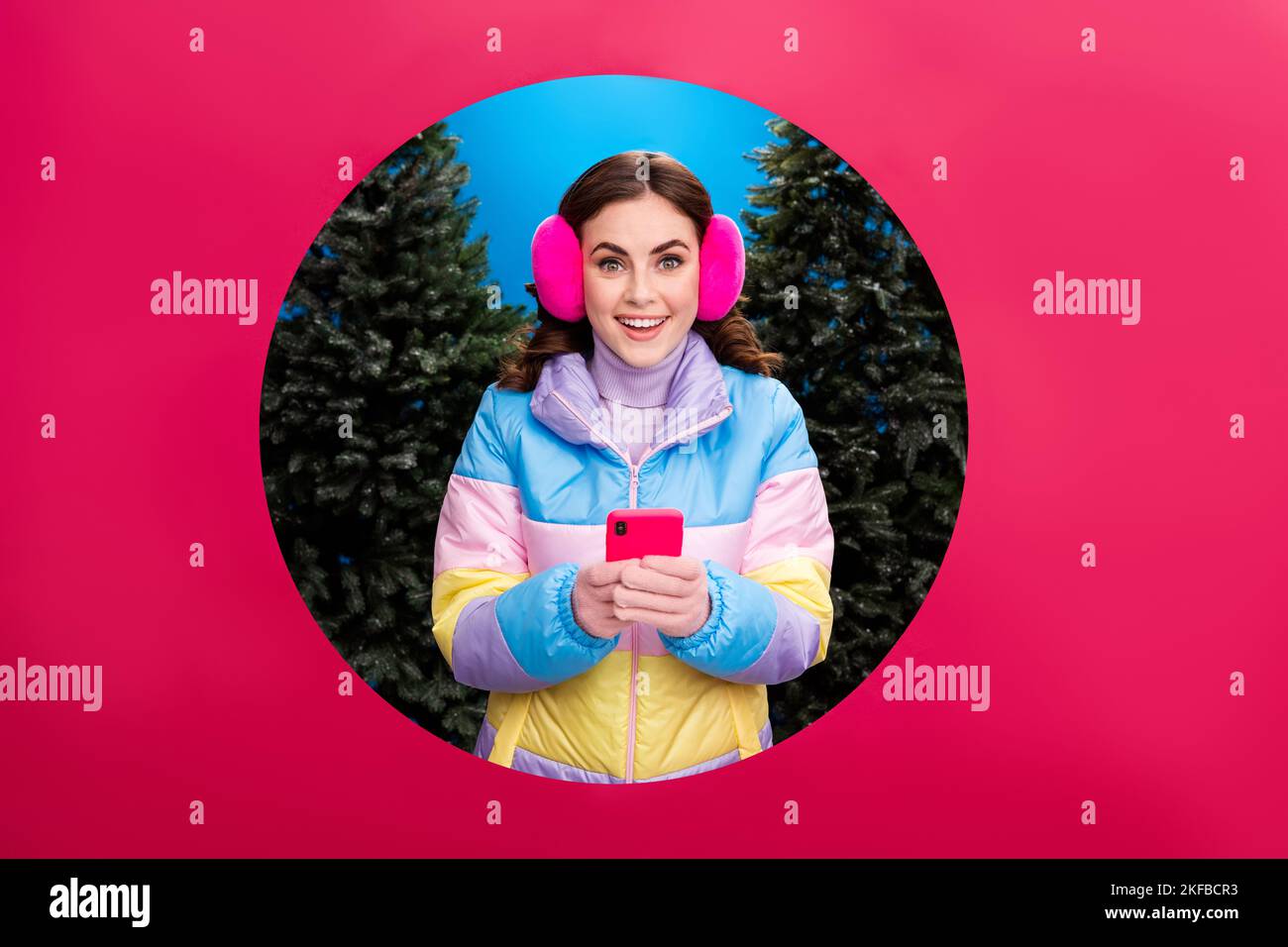 Photo of adorable pretty lady inside paper hole window use modern ...