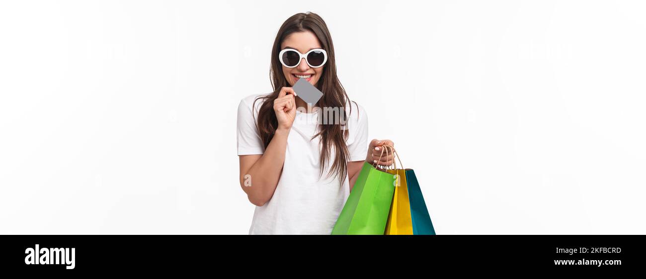 Shopping, leisure and lifestyle concept. Portrait of excited beautiful ...