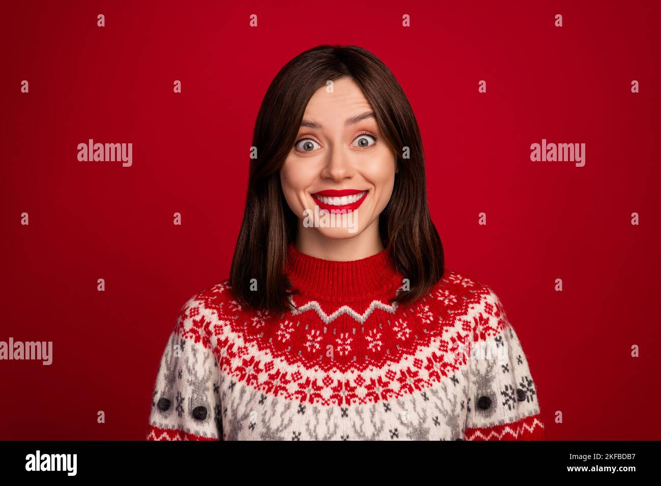 Photo of good mood funky girl dressed x-mas ornament pullover big eyes ...