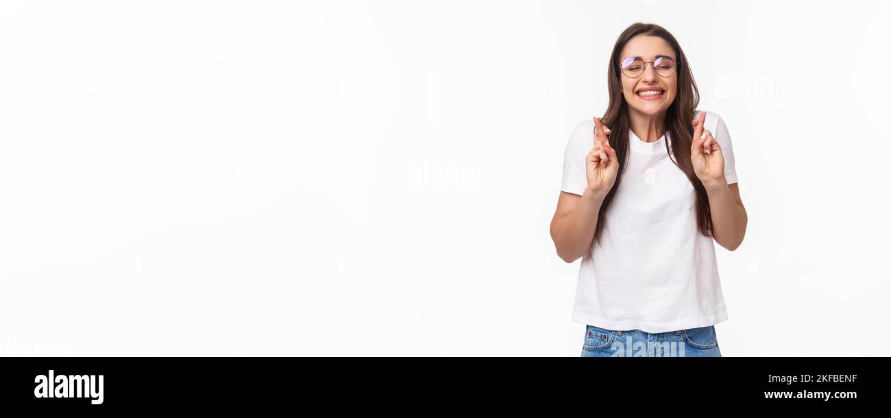 Portrait of hopeful, dreamy young cute girl in glasses, long hair ...