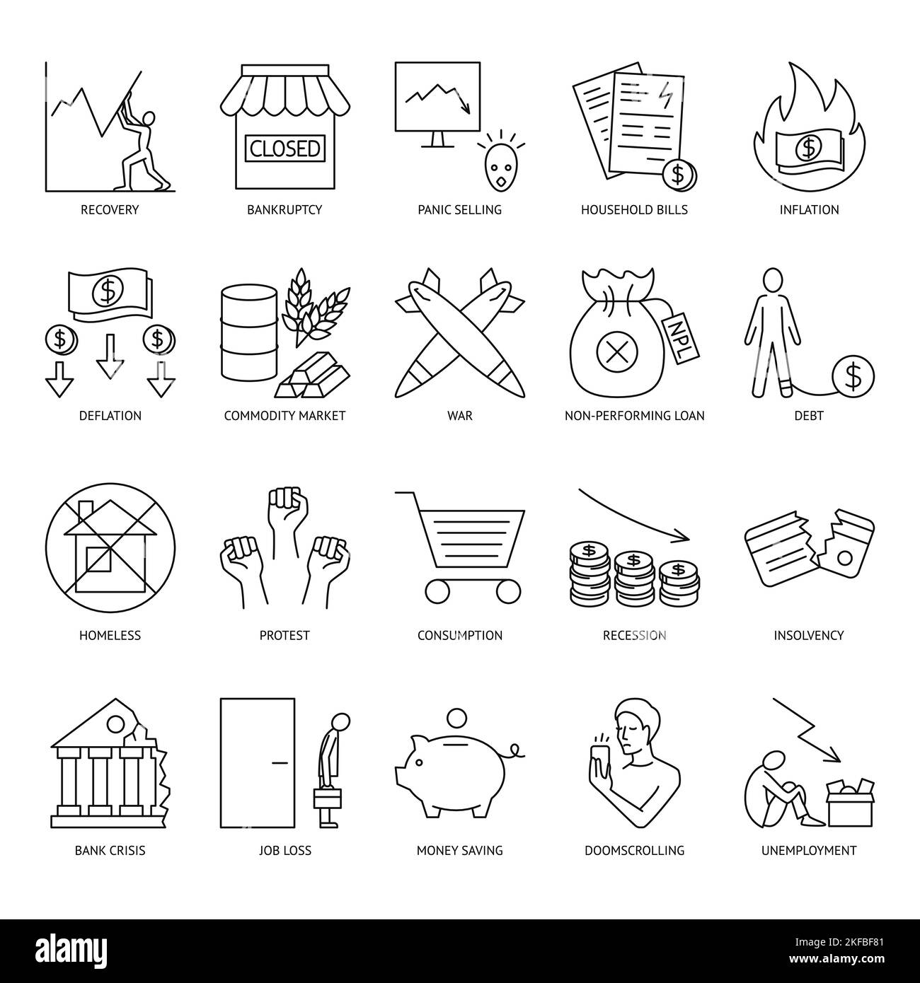 Financial crisis icon set in line style. Economics system problems ...