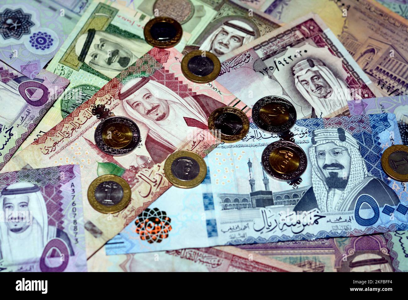 Saudi Arabia riyals money banknotes and coins collection of different ...