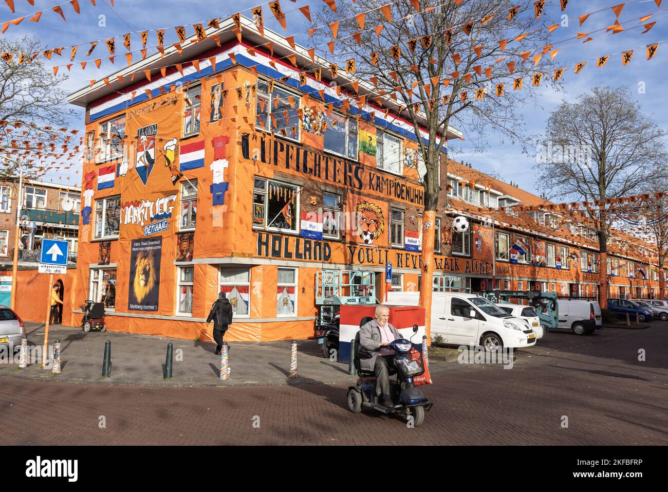 THE HAGUE -Decorations for the World Cup football are hung.Oranjekoorts ...