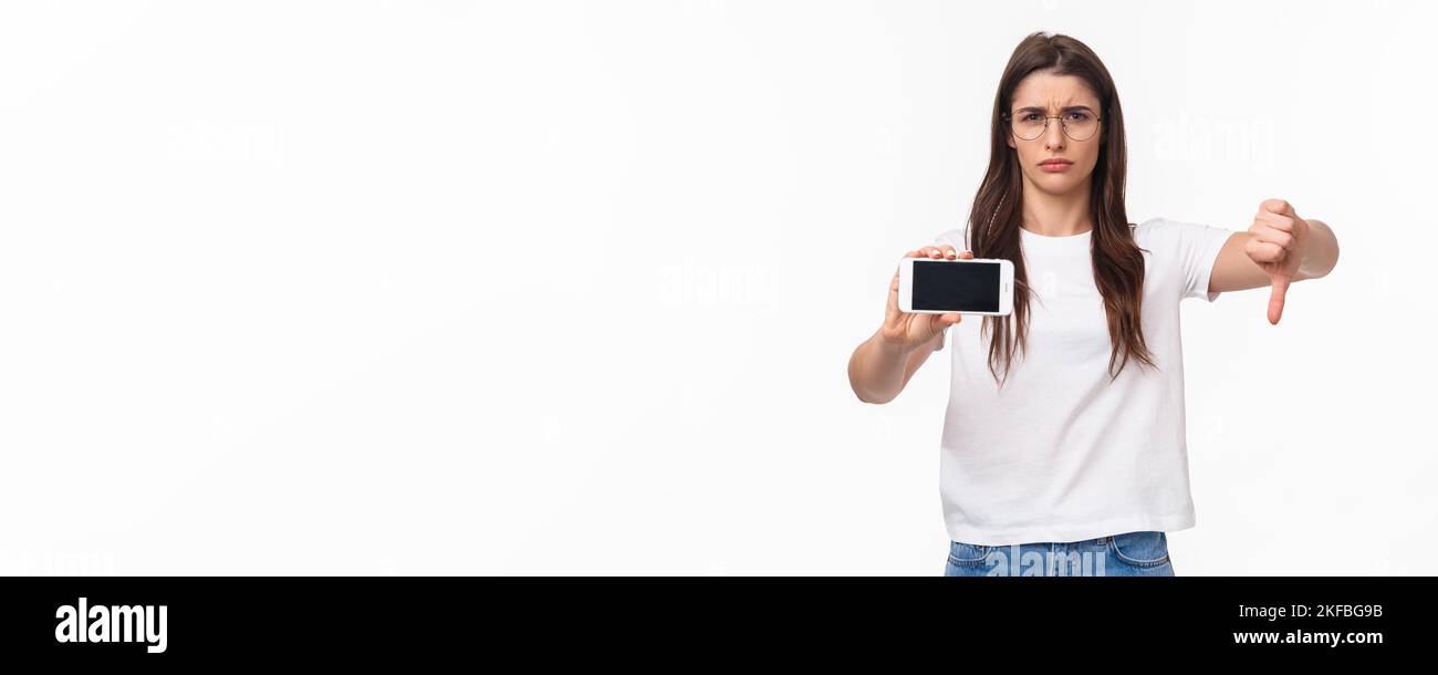 Communication, technology and lifestyle concept. Portrait of upset and ...