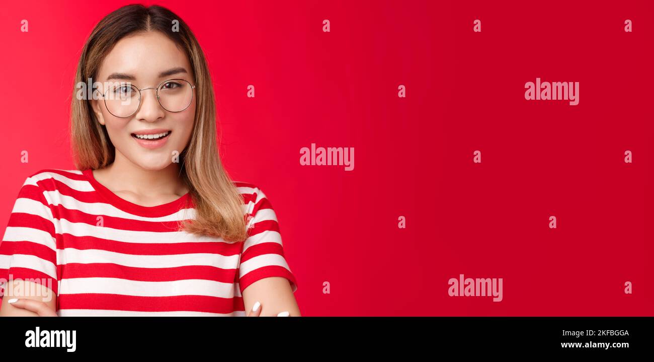 Close-up confident assertive blond asian woman wear glasses cross hands ...