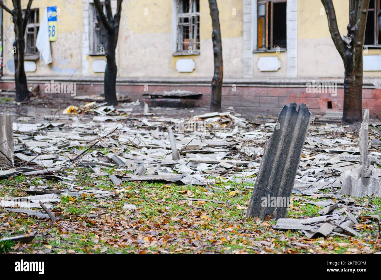 Dnipro, Ukraine Nov 17, 2022: Fragments of the roof scattered on the ...