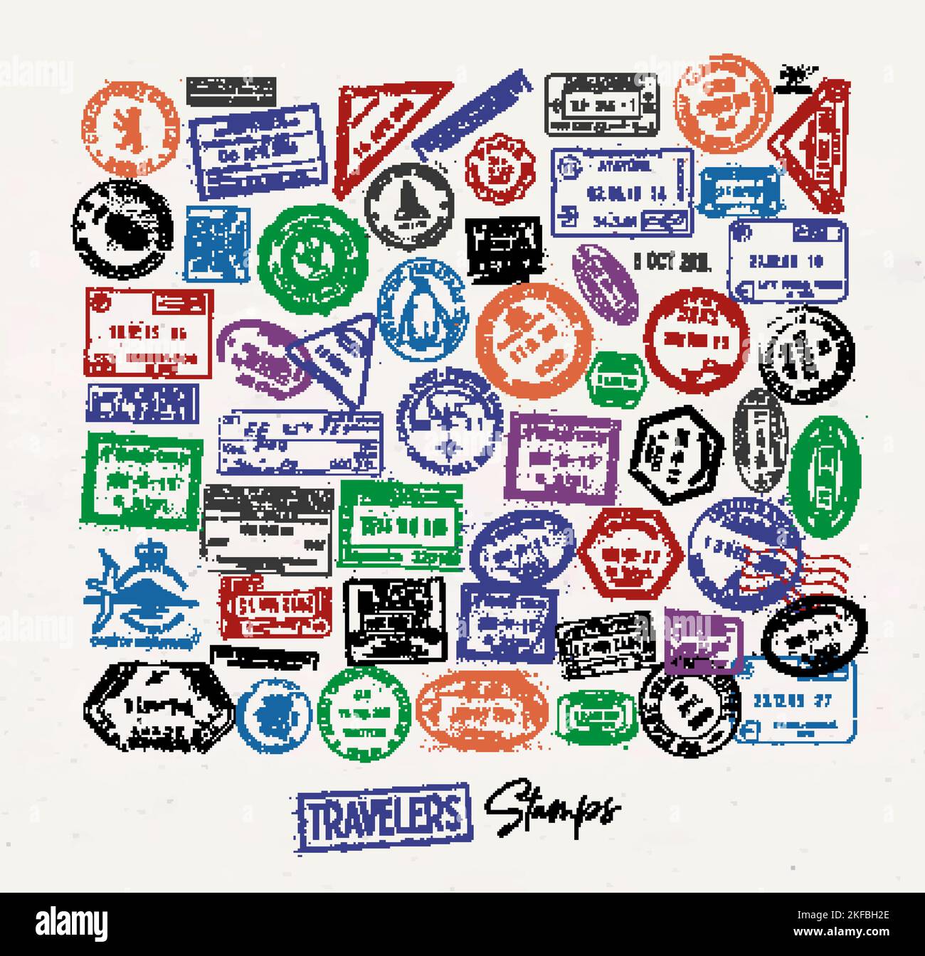 Passport stamp from different countries colorful icon set with lettering travelers stamp poster ...