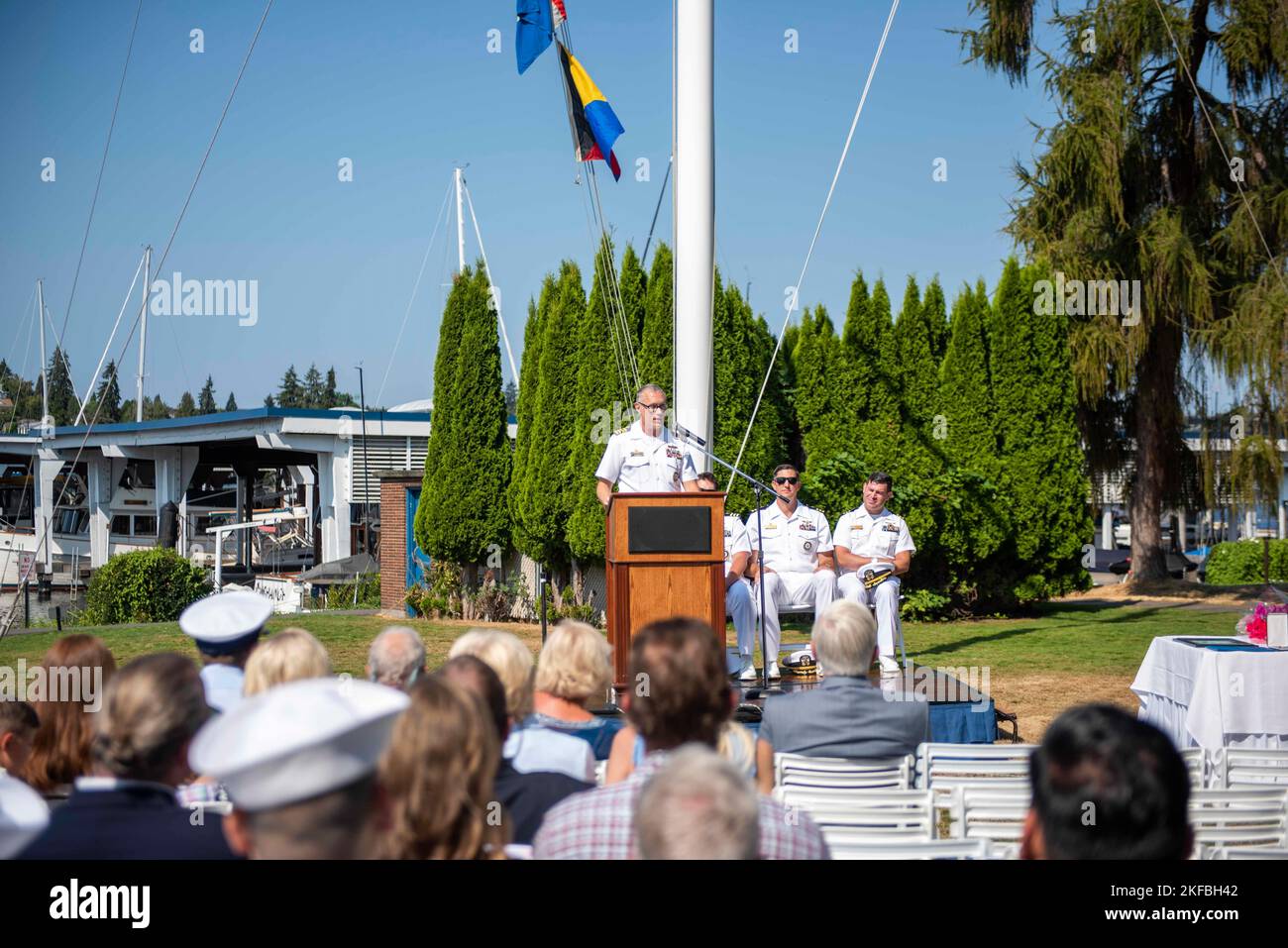 Captain David Webber, Commodore, Navy Recruiting Region West addresses ...