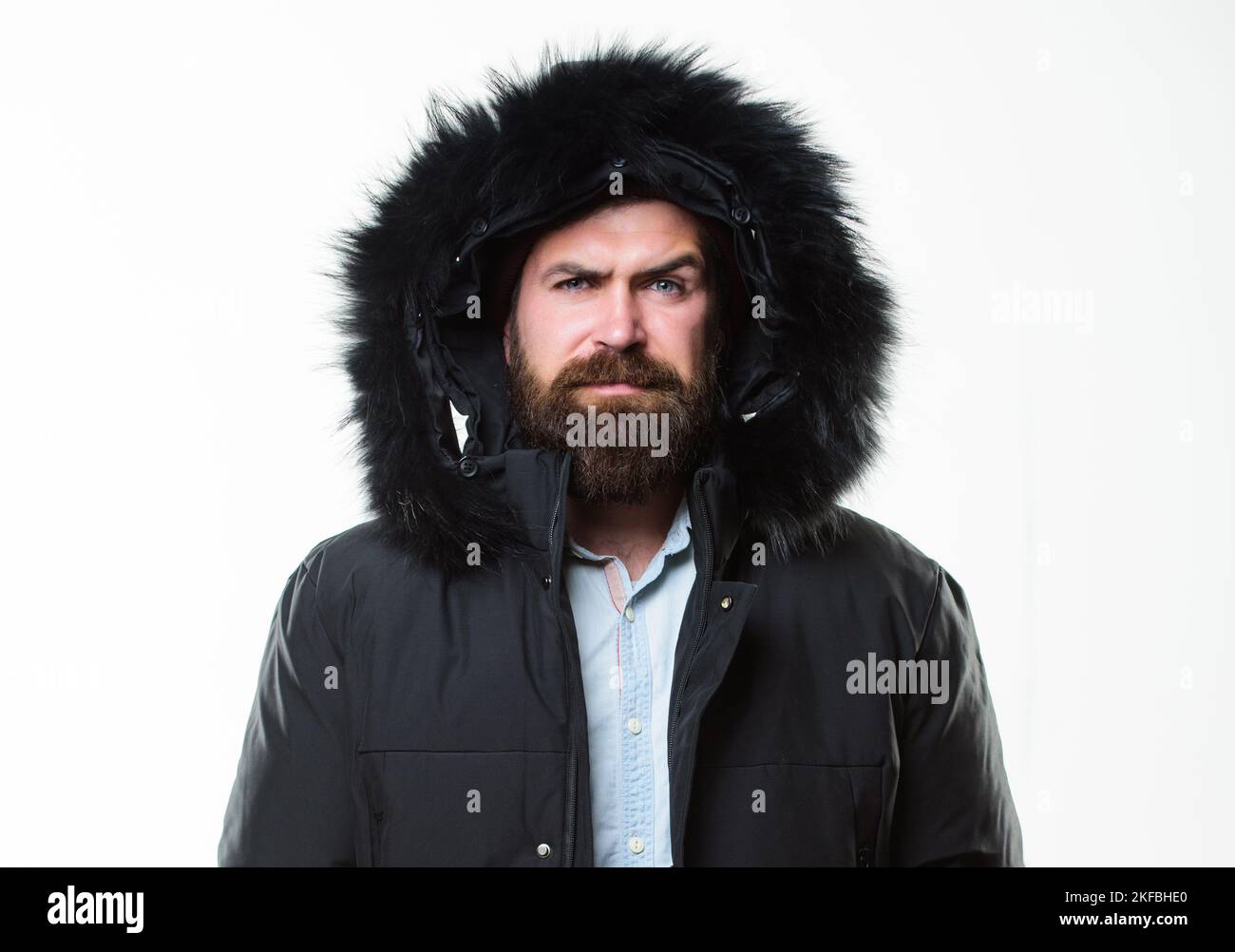 Winter outfit. Hipster winter fashion. Guy wear black winter jacket ...