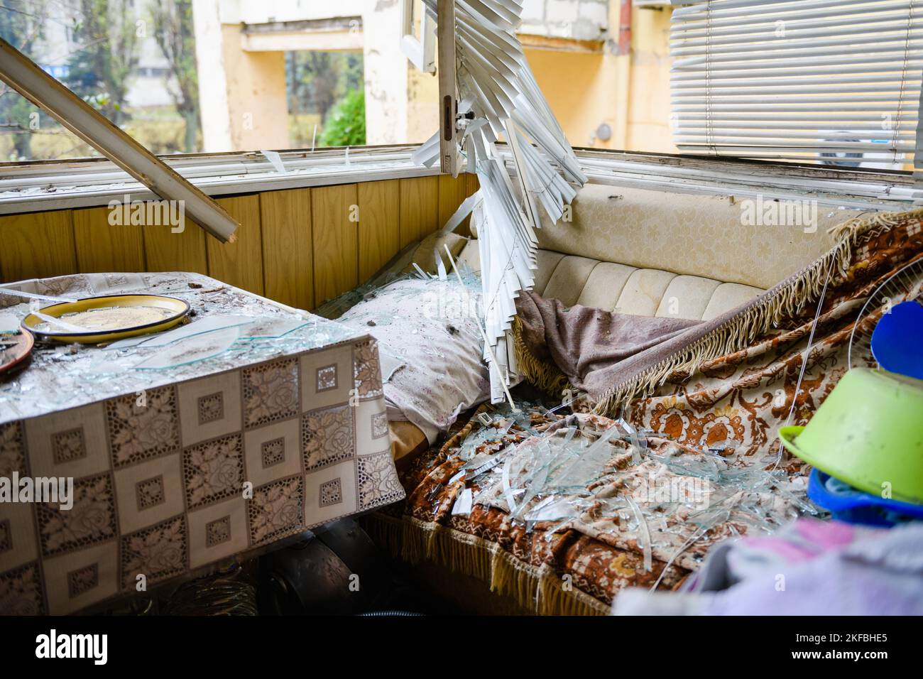 Dnipro, Ukraine Nov 17, 2022: The room was damaged by the shock wave ...